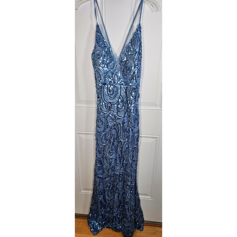 Nightway Blue Sequin Swirl Prom Dress - Gem